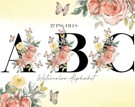 Black Pink Floral Alphabet Clip Art Rose Botanical Uppercase Alphabet ...