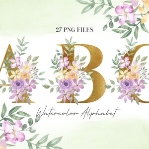 Bundle Watercolor Flowers Alphabet PNG, Gold Letters Alphabet ...