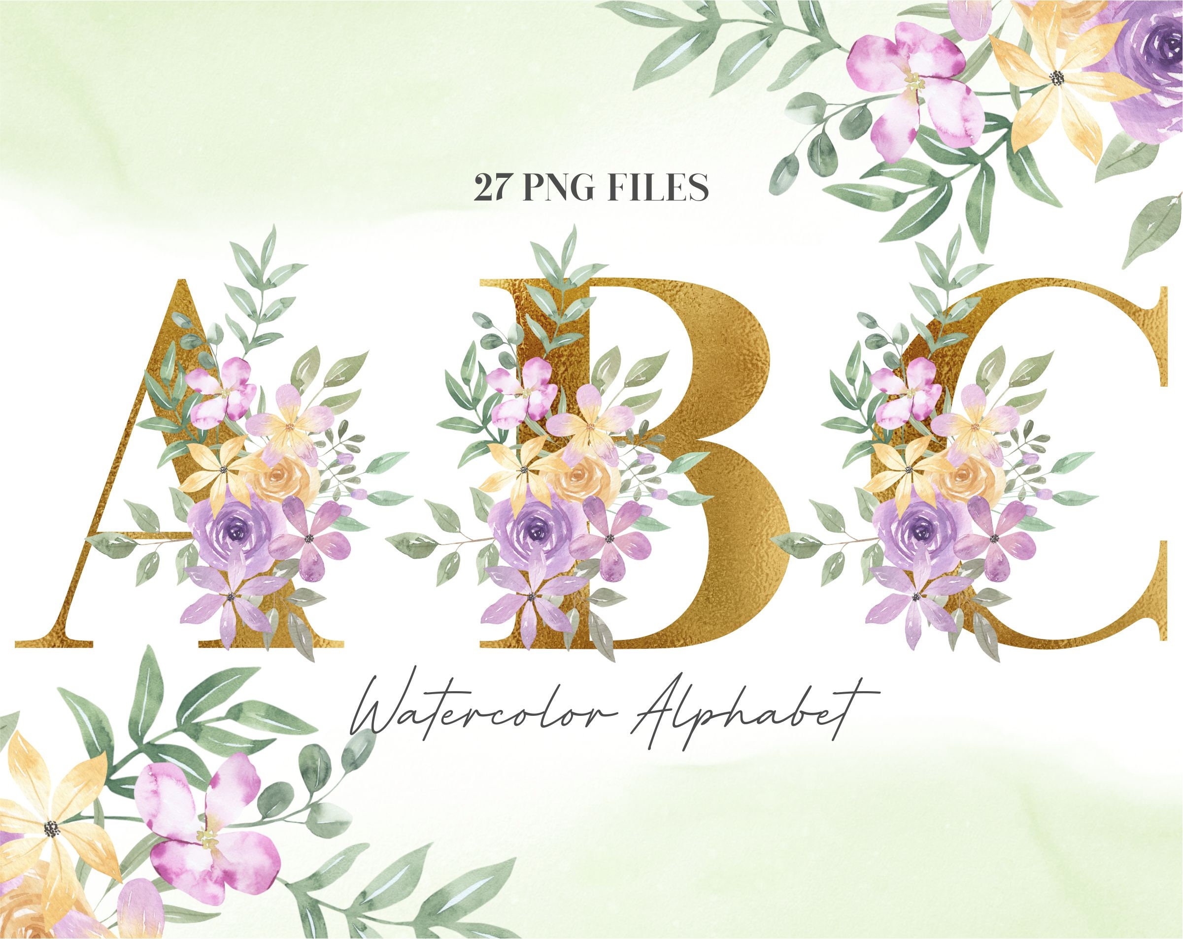 Bundle Watercolor Flowers Alphabet PNG Gold Letters Alphabet - Etsy