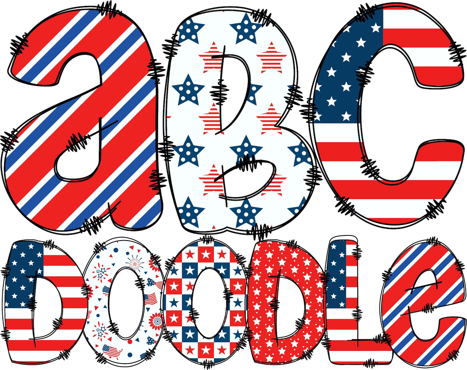 Patriotic Doodle Letters Alphabet PNG 4th of July - Etsy