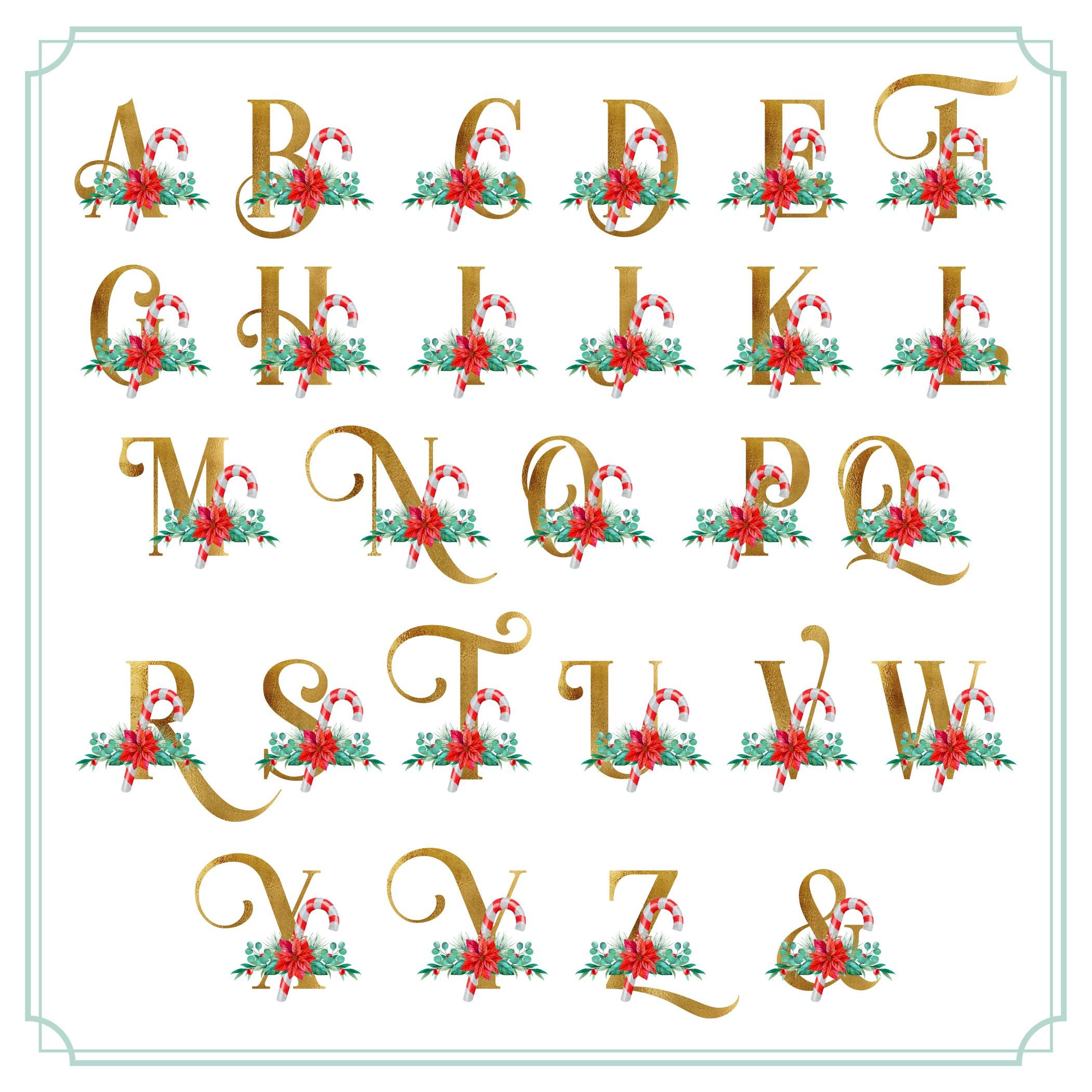 Christmas Watercolor Alphabet PNG Gold Letters Candy Can - Etsy