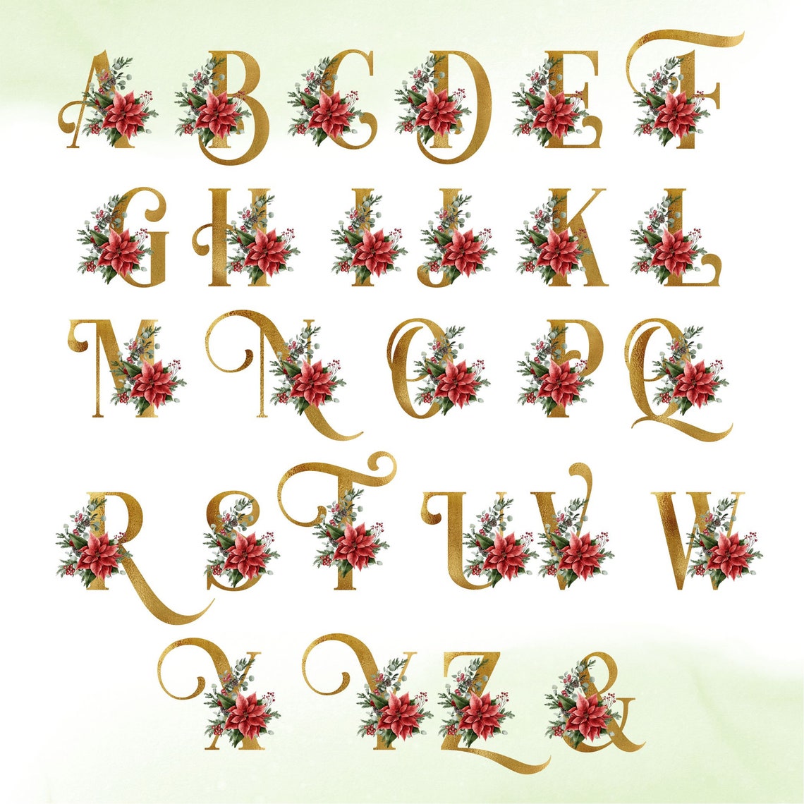Watercolor Flowers Alphabet PNG Gold Pink Red Floral Alphabet - Etsy
