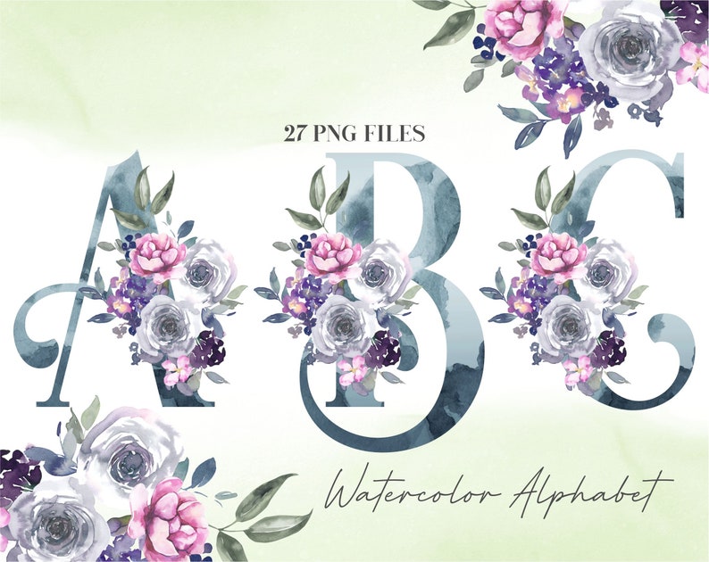 Bundle Watercolor Flowers Alphabet PNG Indigo Pink Floral - Etsy