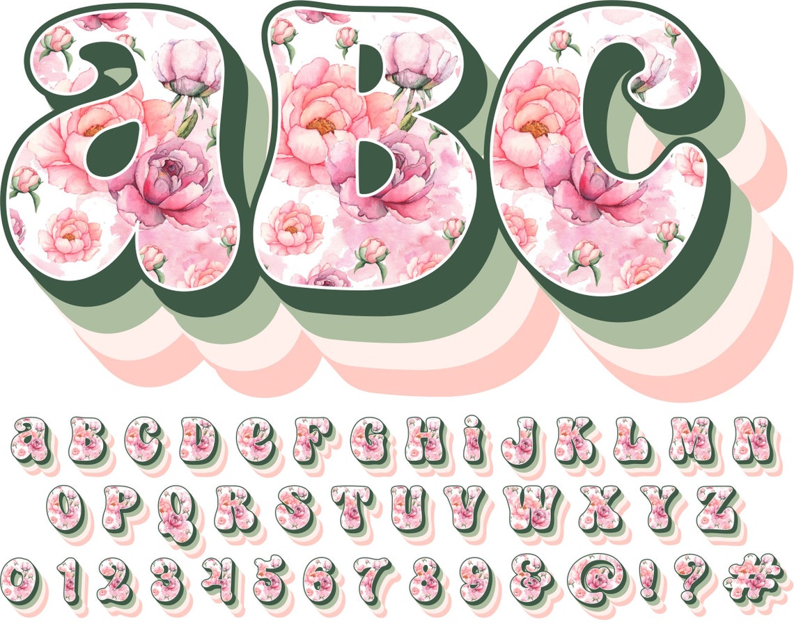 Retro Spring Floral Alphabet PNG Retro Drop Shadowed Doodle - Etsy