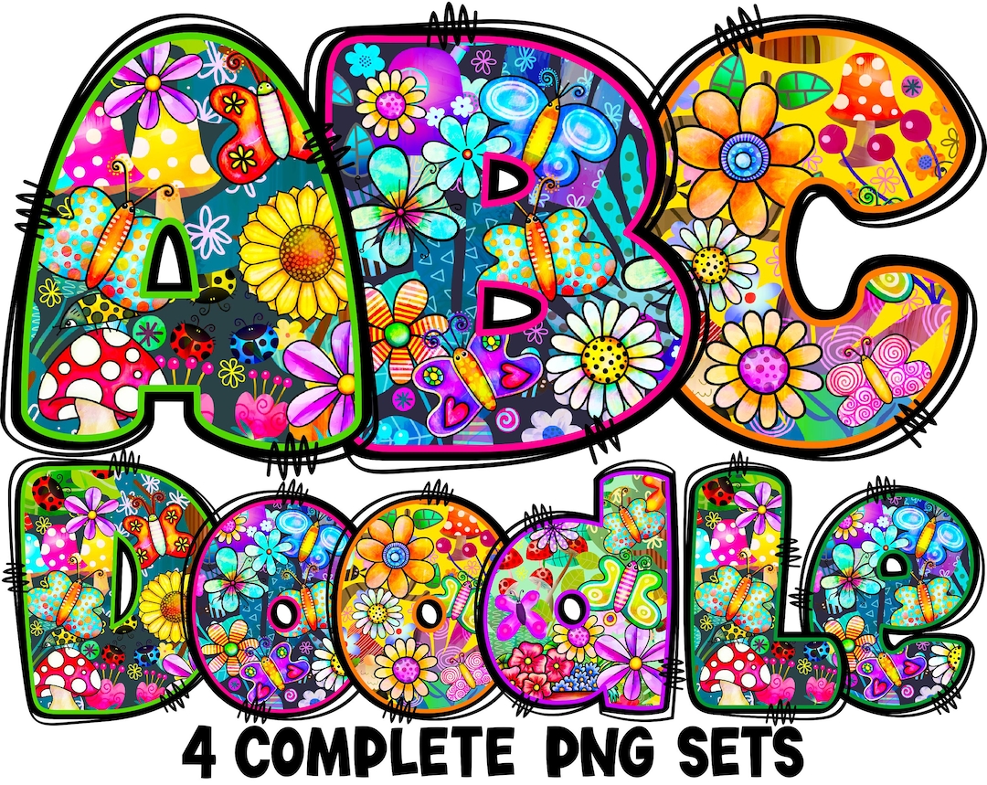 BUNDLE Spring Floral Alphabet PNG, Chubby Alpha Doodle, Doodle Flowers ...
