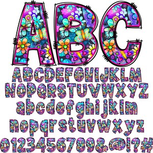 BUNDLE Spring Floral Alphabet PNG, Doodle Alpha, Doodle Flowers, Doodle ...