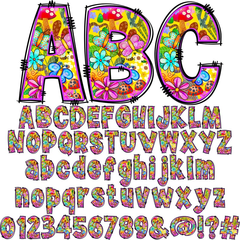 BUNDLE Spring Floral Alphabet PNG, Doodle Alpha, Doodle Flowers, Doodle ...