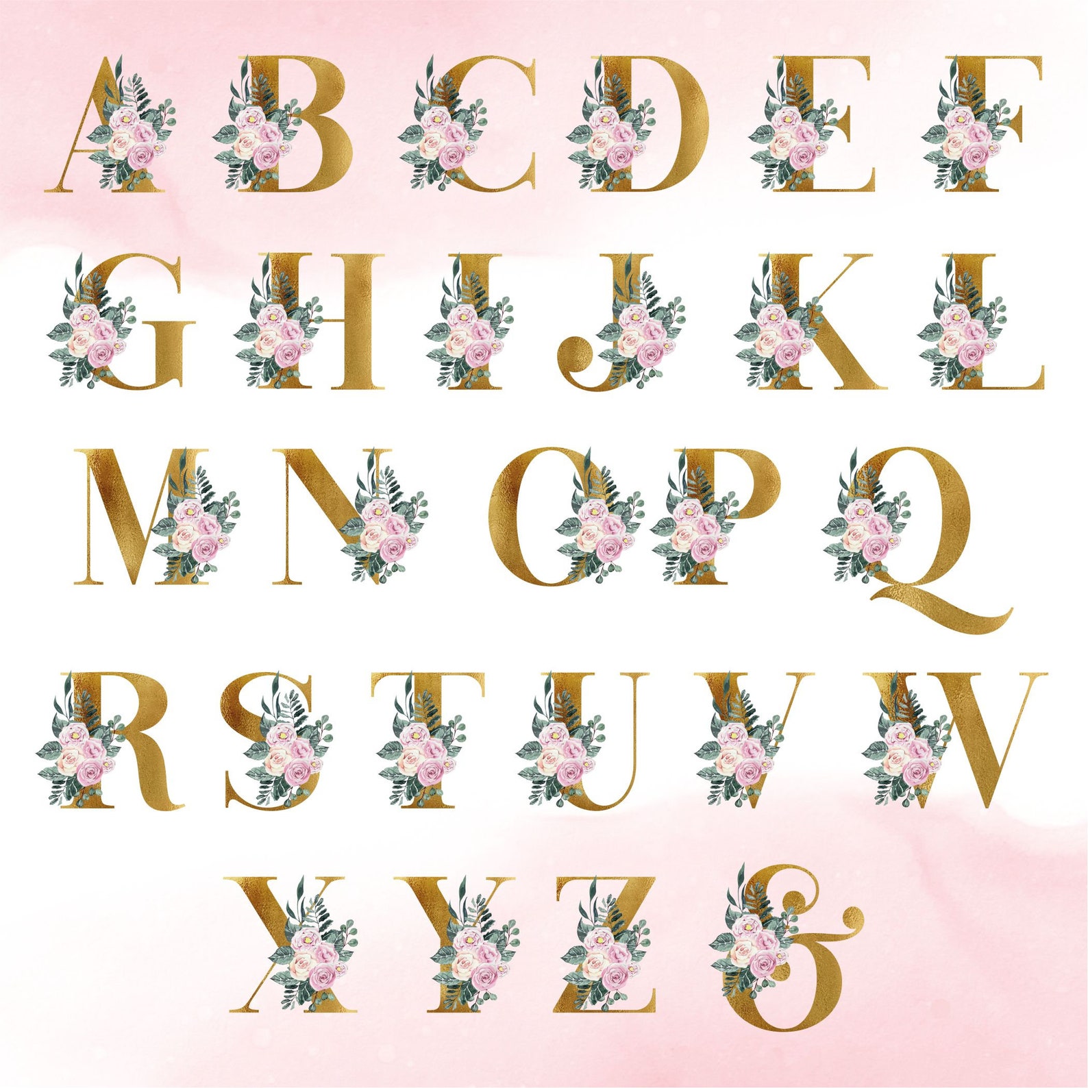 Watercolor Flowers Alphabet PNG, Gold Letters Pink Floral Alphabet Clip ...