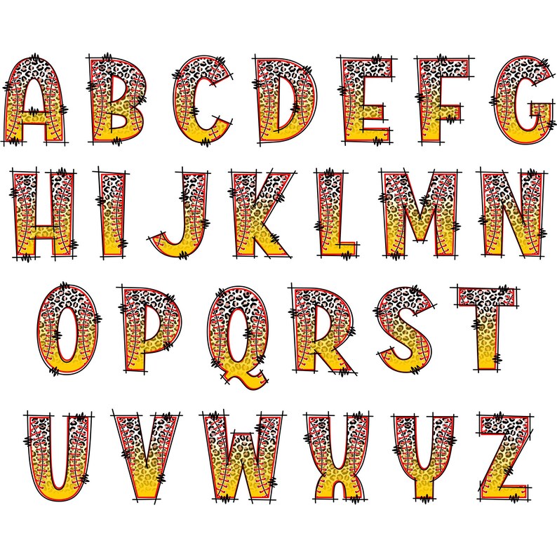 Baseball Letters PNG Leopard Doodle Alpha Gold Yellow - Etsy