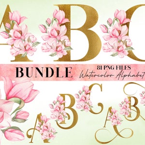 Bundle Watercolor Flowers Alphabet PNG, Gold Letters Alphabet ...