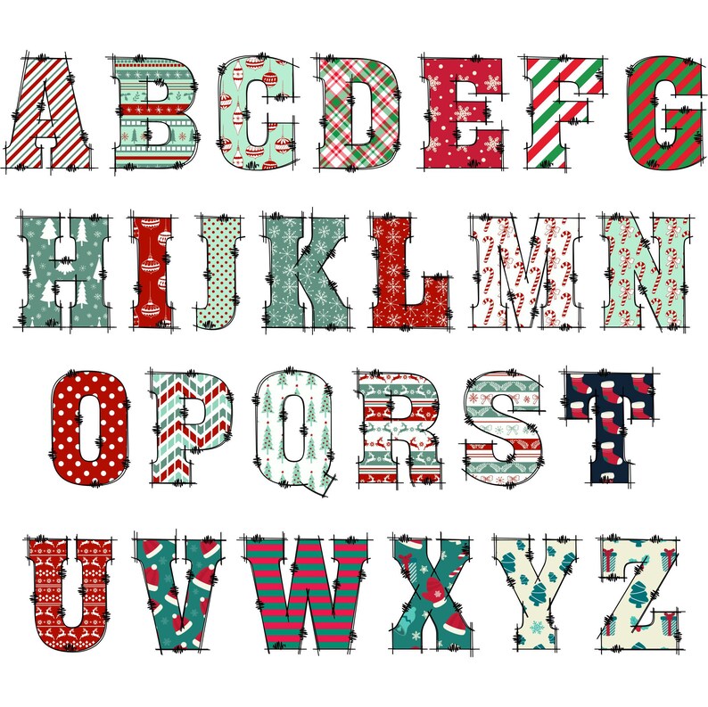 Christmas Clipart Letters PNG, Wrapping Paper Alphabet, Doodle Holidays ...