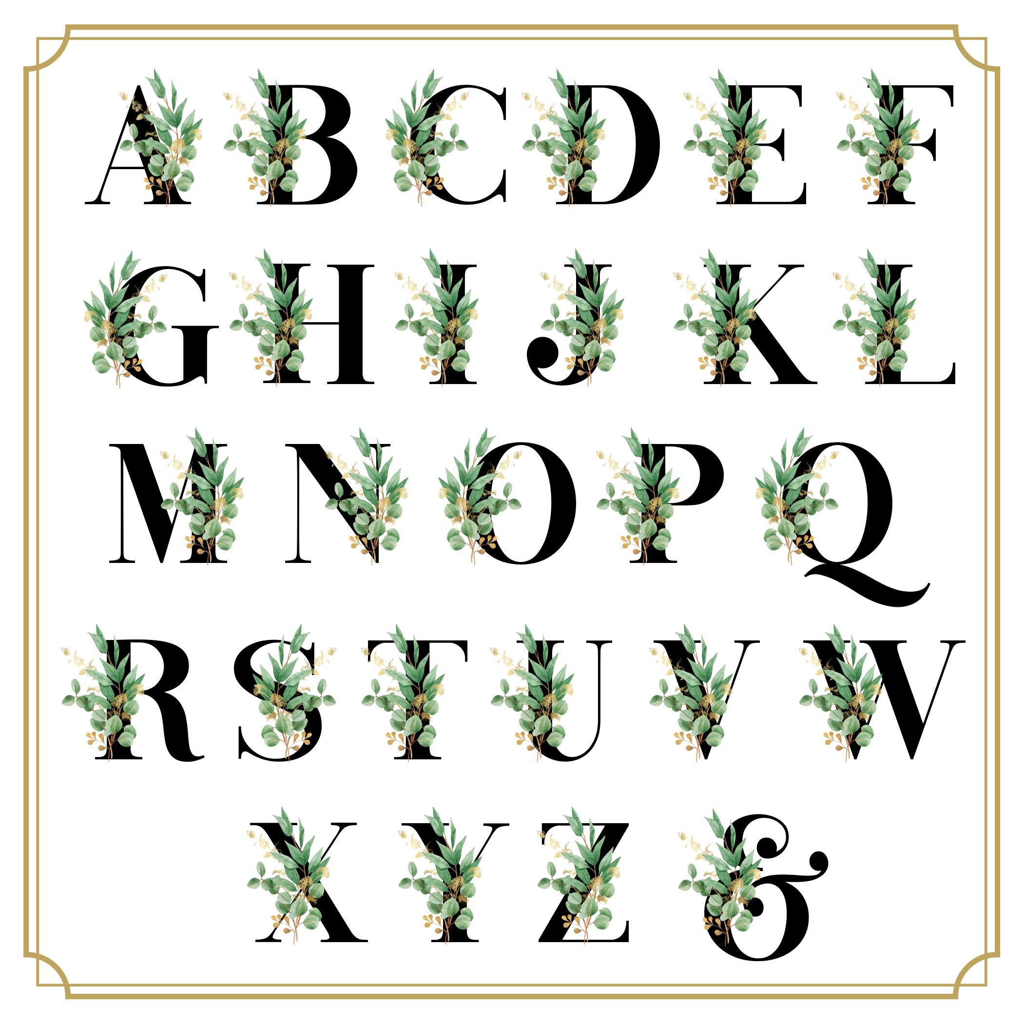 Watercolor Flowers Alphabet PNG Green Gold Leaves Floral - Etsy
