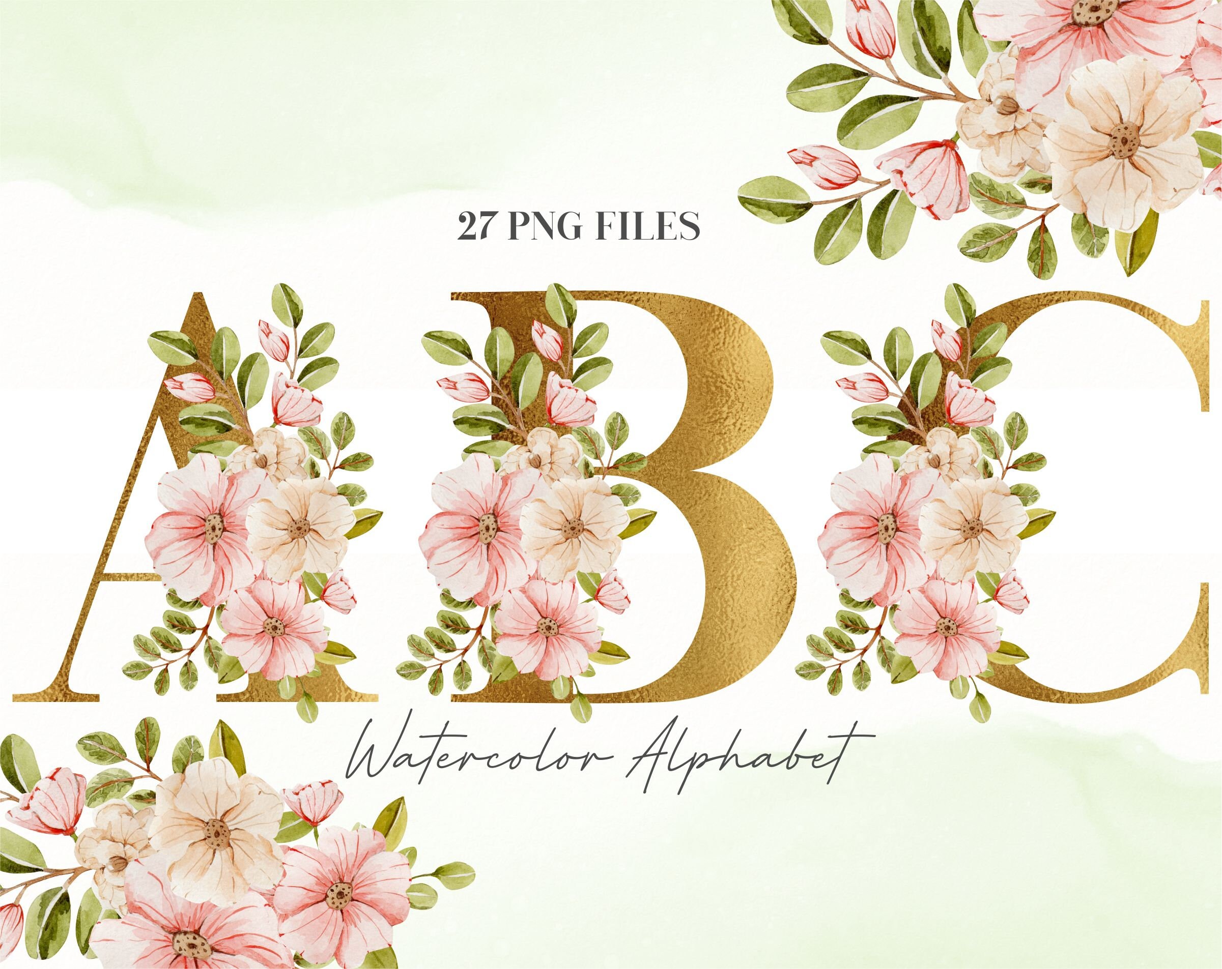 Watercolor Flowers Alphabet PNG Gold Soft Pink Floral - Etsy