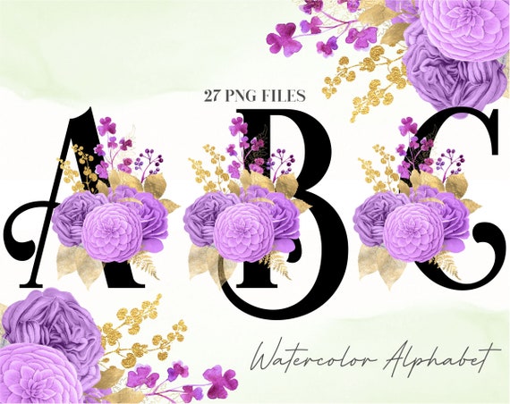 Watercolor Flowers Alphabet PNG Black Purple Flowers Alphabet | Etsy