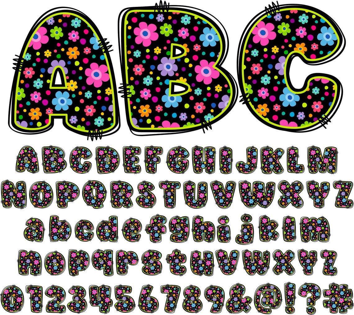 BUNDLE Spring Floral Alphabet PNG, Chubby Alpha Doodle, Doodle Flowers ...