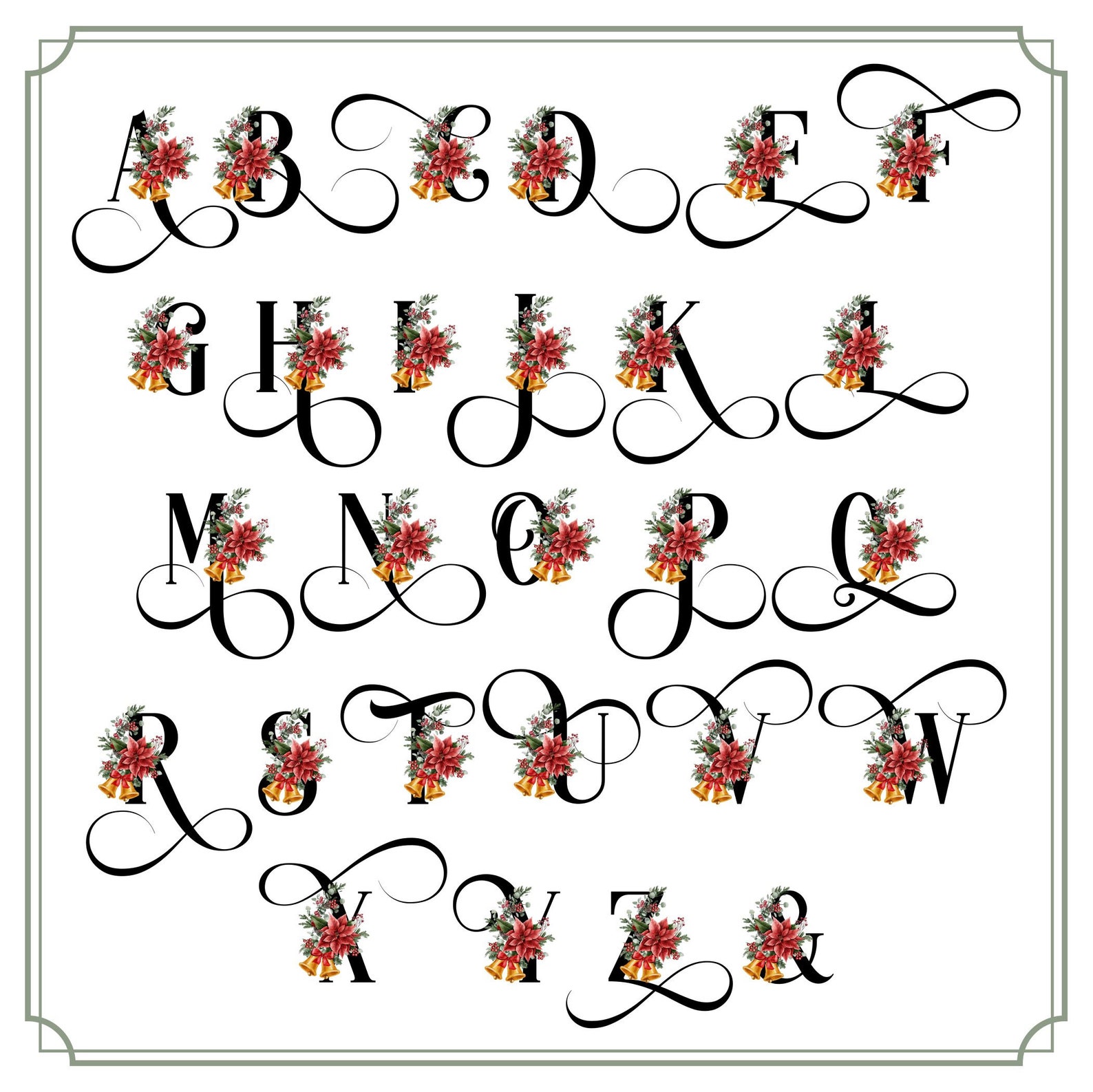 Christmas Watercolor Flowers Alphabet PNG Black Red Floral - Etsy