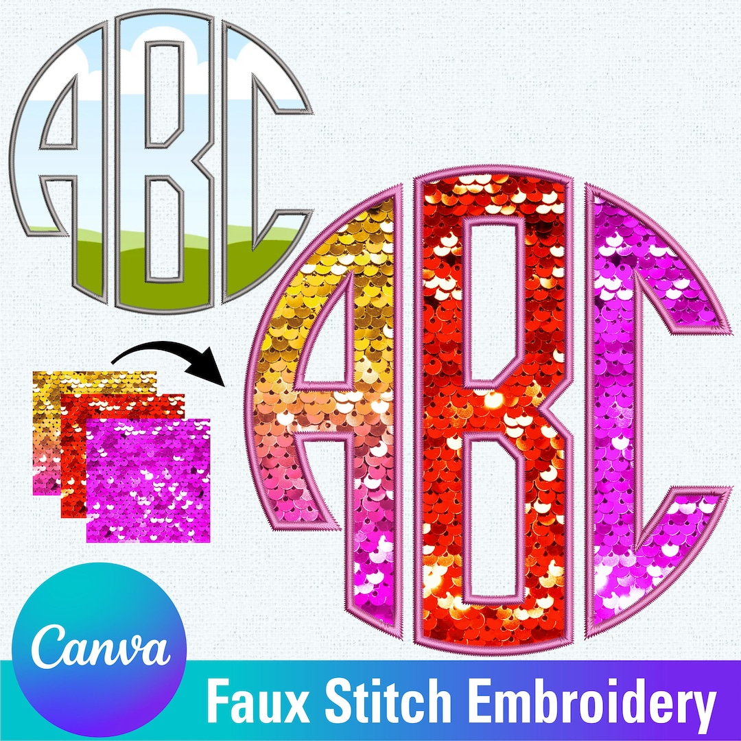 Faux Embroidery Canva Frame Template, Monogram, Faux Stitch, Round Monogram, Applique, Canva ...