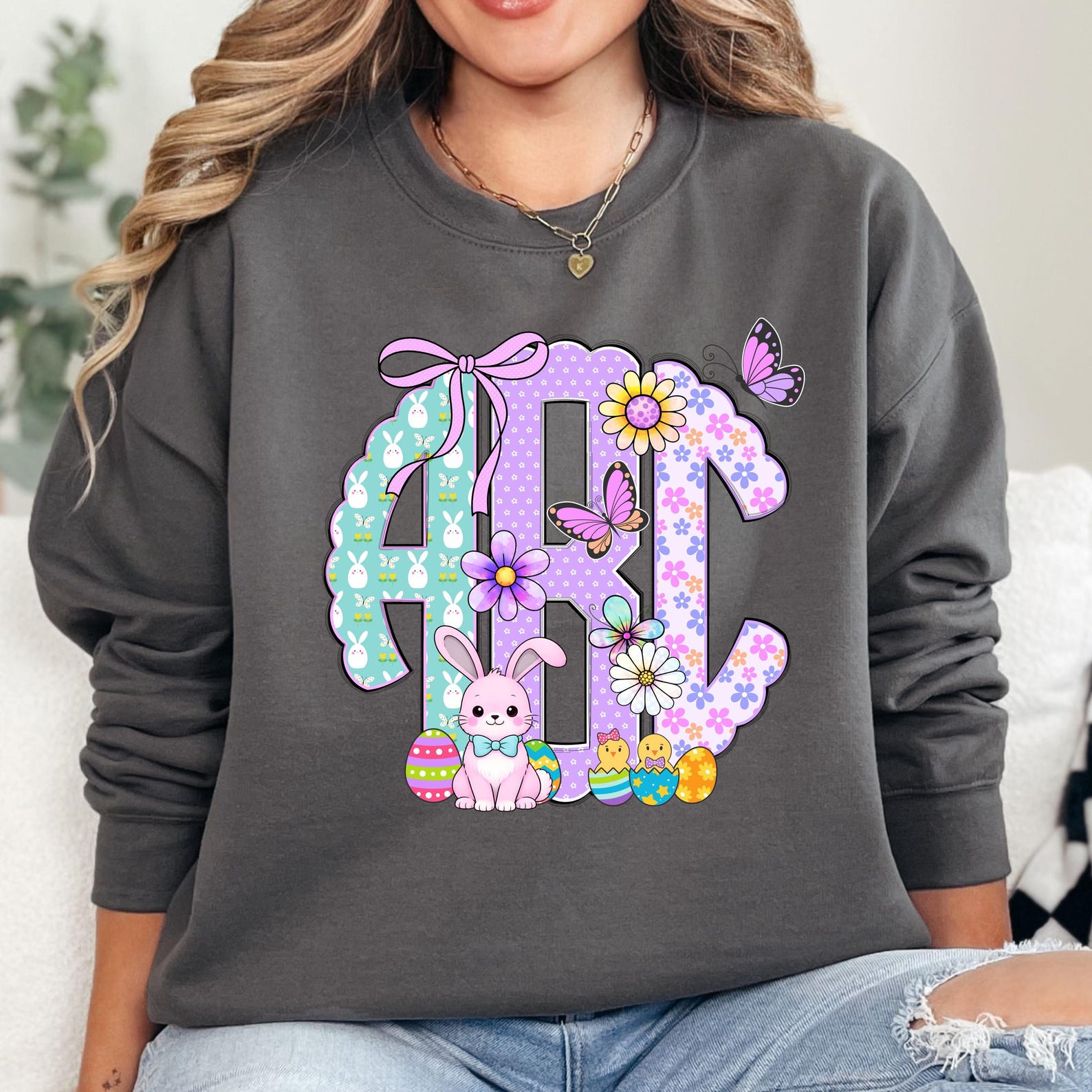 Easter Preppy Monogram PNG, Scalloped Coquette, Butterflies, Bunny ...