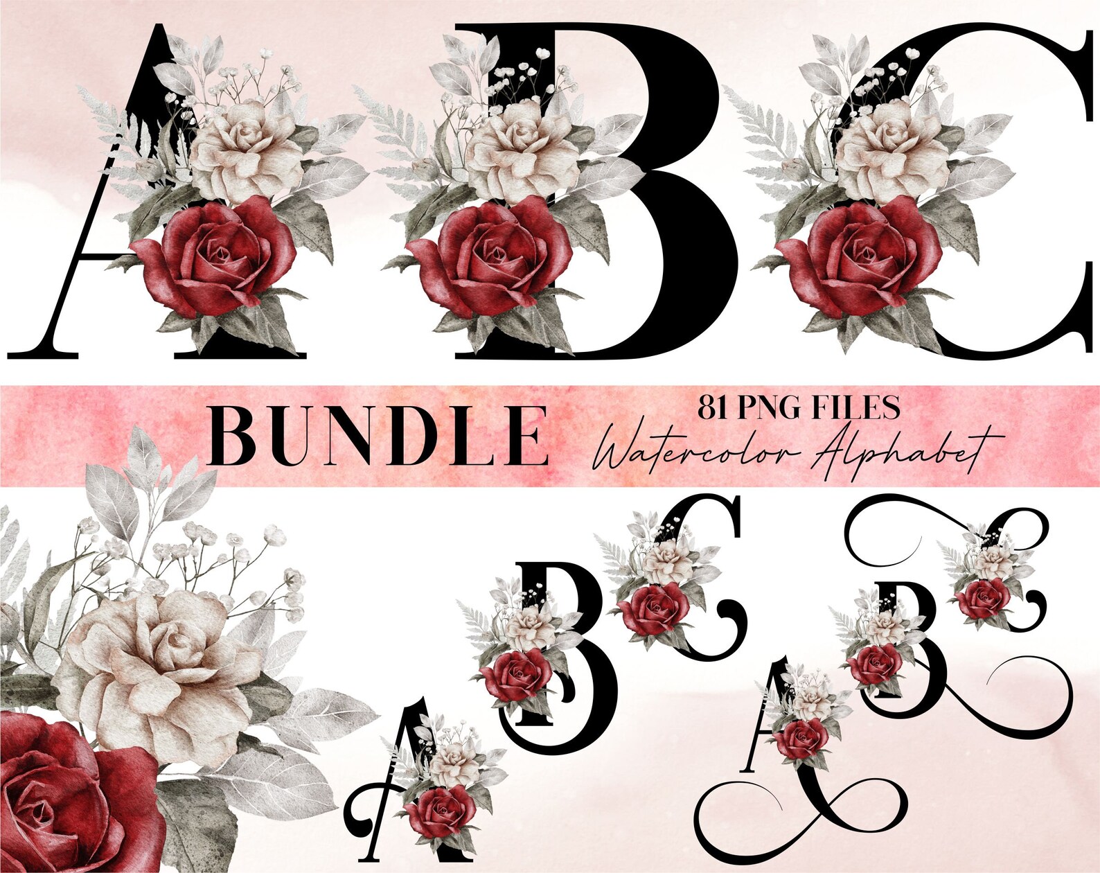 Bundle Watercolor Flowers Alphabet PNG Black Letters Alphabet - Etsy