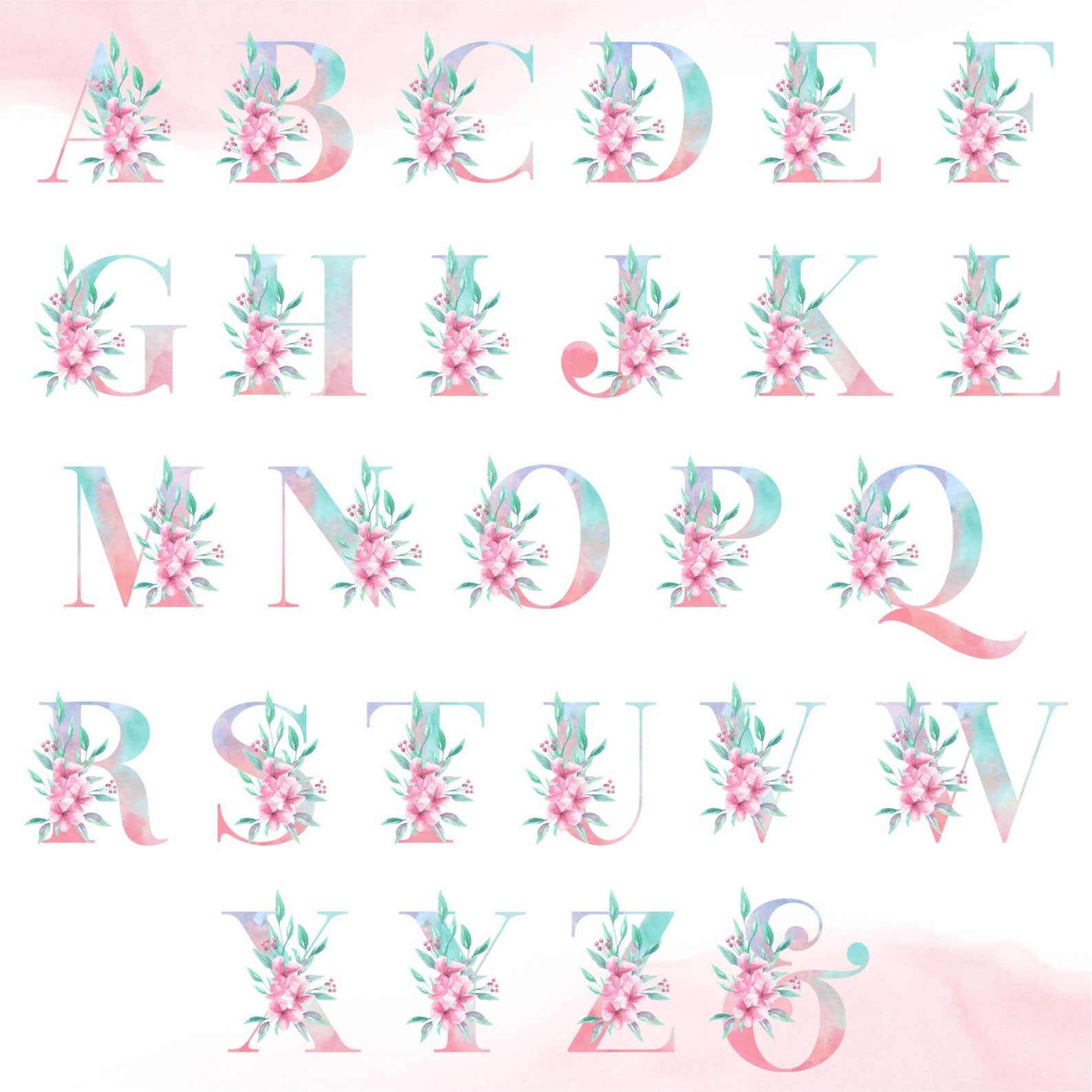 Bundle Watercolor Flowers Alphabet PNG Pink Aqua Watercolor - Etsy