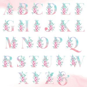 Bundle Watercolor Flowers Alphabet PNG, Pink Aqua Watercolor Alphabet ...
