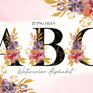 Watercolor Flowers Alphabet PNG, Gold Black Marble Floral, Transparent ...