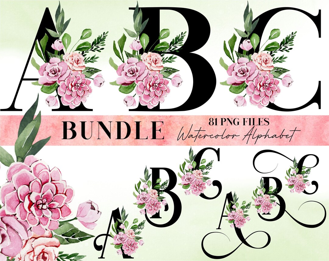 Bundle Watercolor Flowers Alphabet PNG, Black Pink Floral Alphabet ...