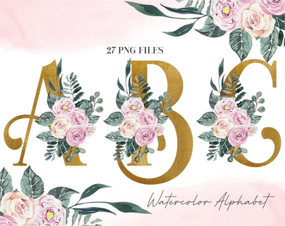 Watercolor Flowers Alphabet PNG Gold Letters Pink Floral | Etsy