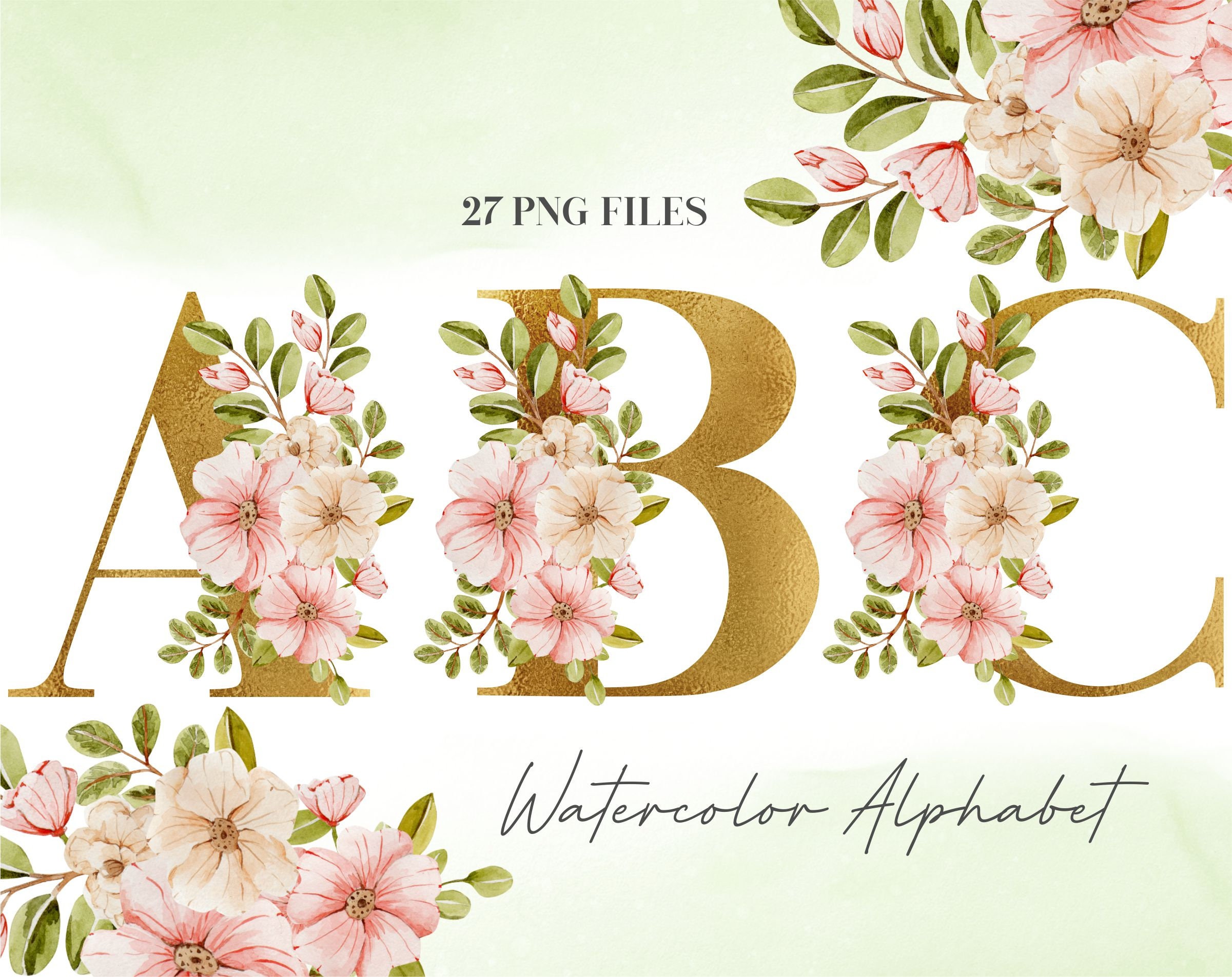 Bundle Watercolor Flowers Alphabet PNG Gold Letters Alphabet - Etsy