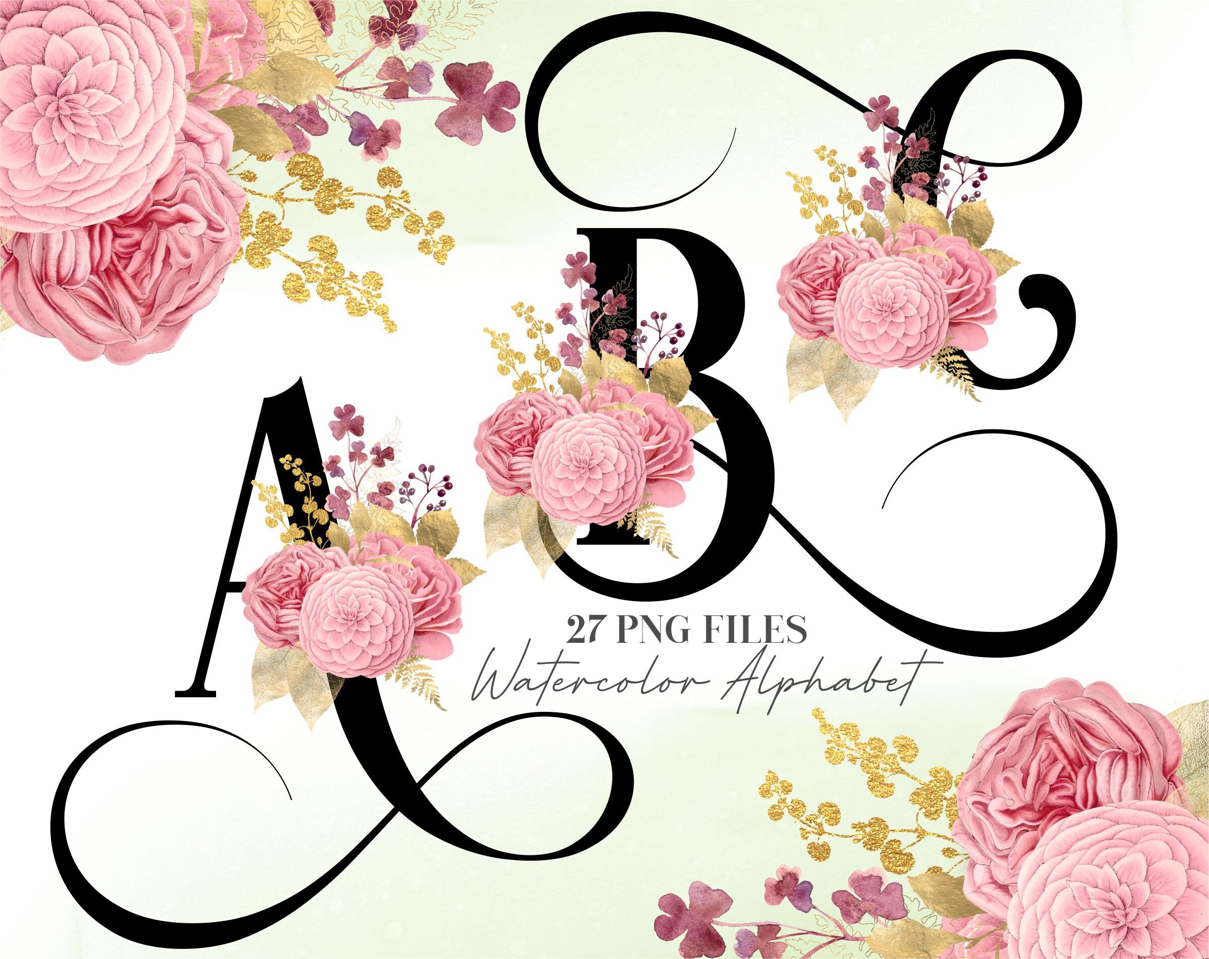 Black Pink Floral Alphabet Clip Art Rose Botanical Uppercase Alphabet ...