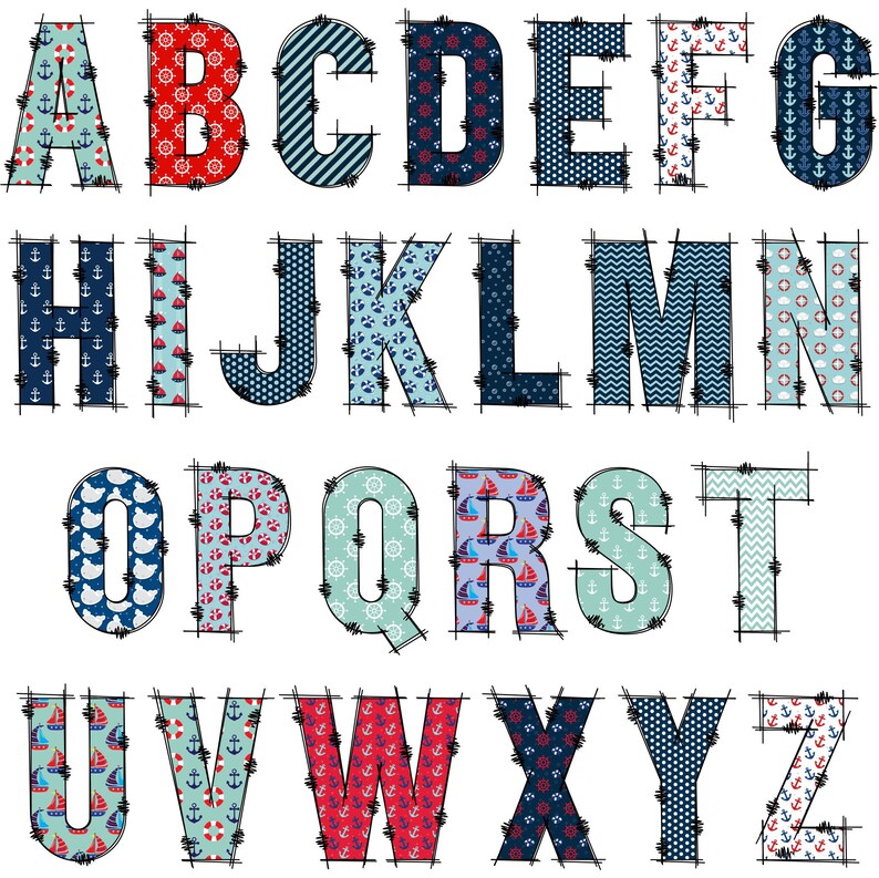 Nautical Alphabet PNG Doodle Alphabet Clip Art Transparent | Etsy