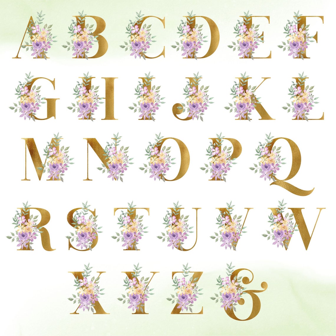 Bundle Watercolor Flowers Alphabet PNG Gold Letters Alphabet - Etsy