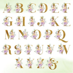 Bundle Watercolor Flowers Alphabet PNG, Gold Letters Alphabet ...
