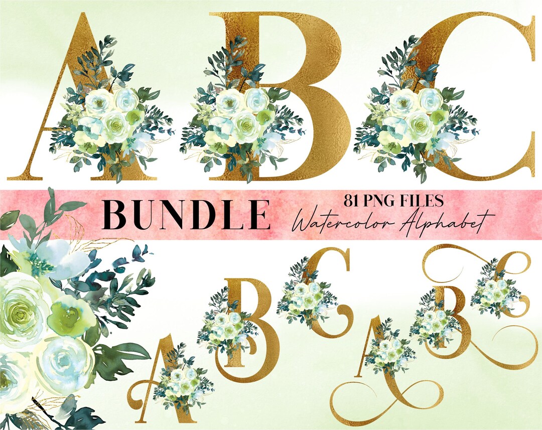 Bundle Watercolor Flowers Alphabet PNG, Gold Floral Alphabet ...