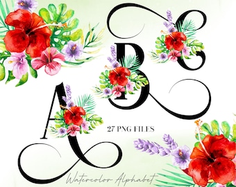Watercolor Flowers Alphabet PNG Tropical Floral Alphabet Clip - Etsy