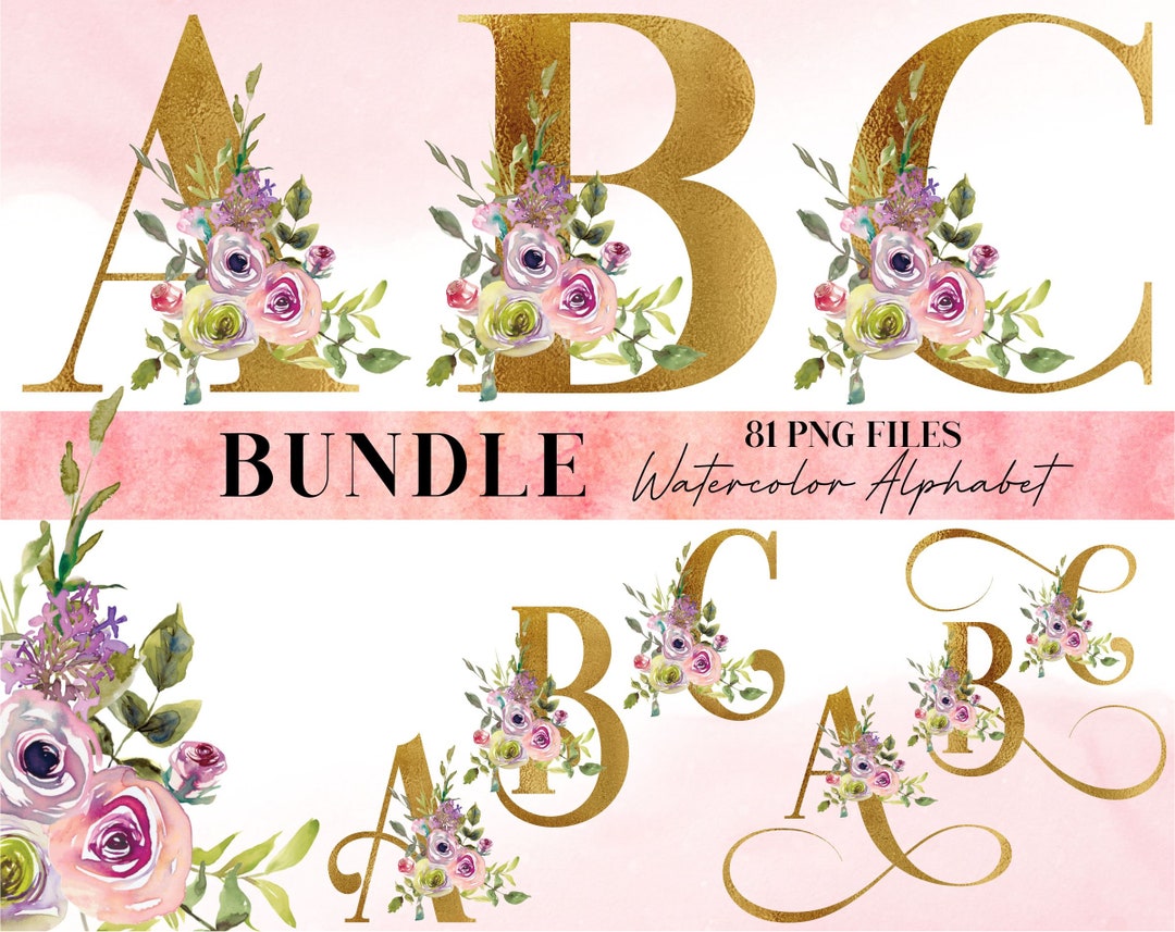 Bundle Watercolor Flowers Alphabet PNG, Gold Pink Floral Alphabet ...