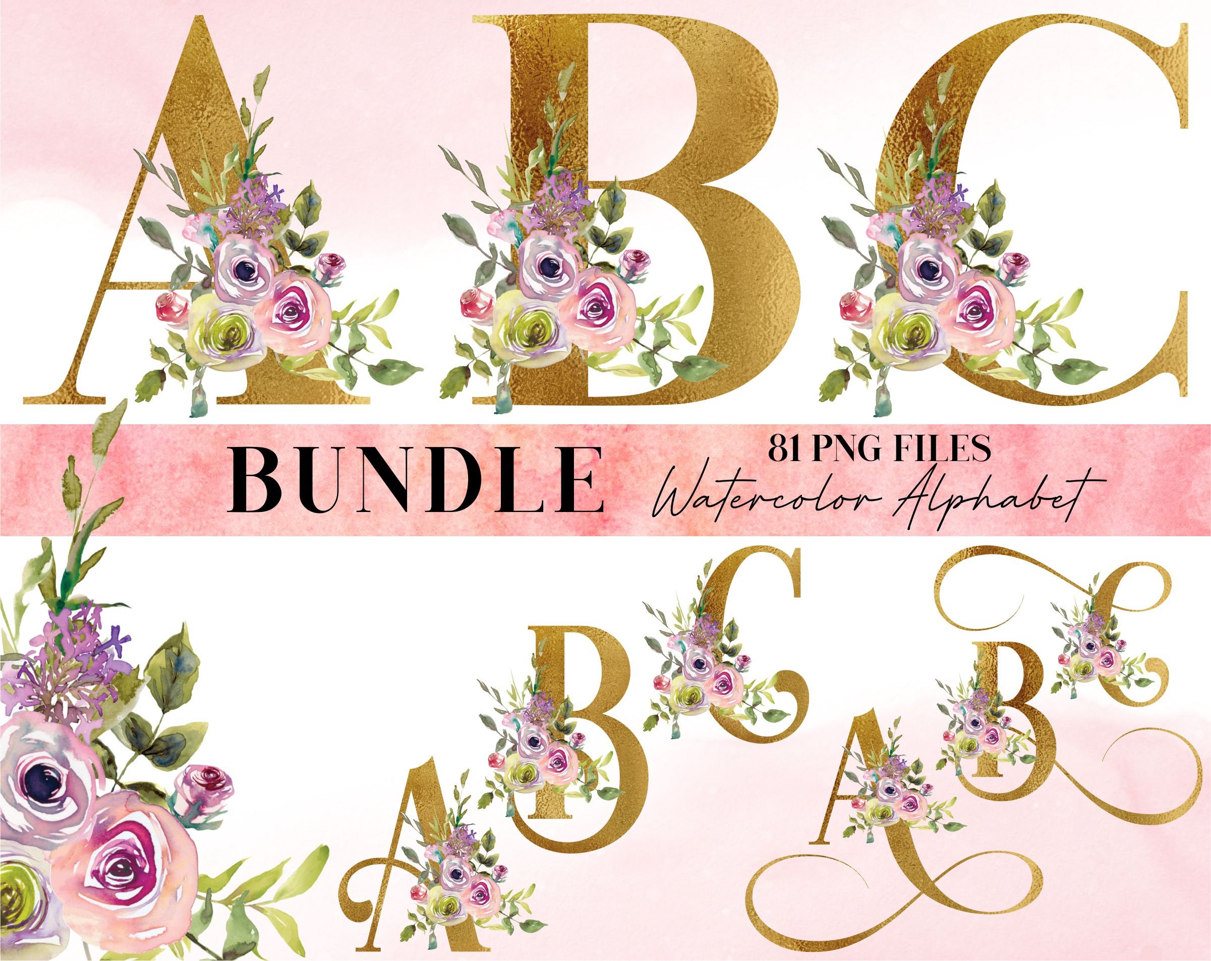 Bundle Watercolor Flowers Alphabet PNG Gold Pink Floral - Etsy