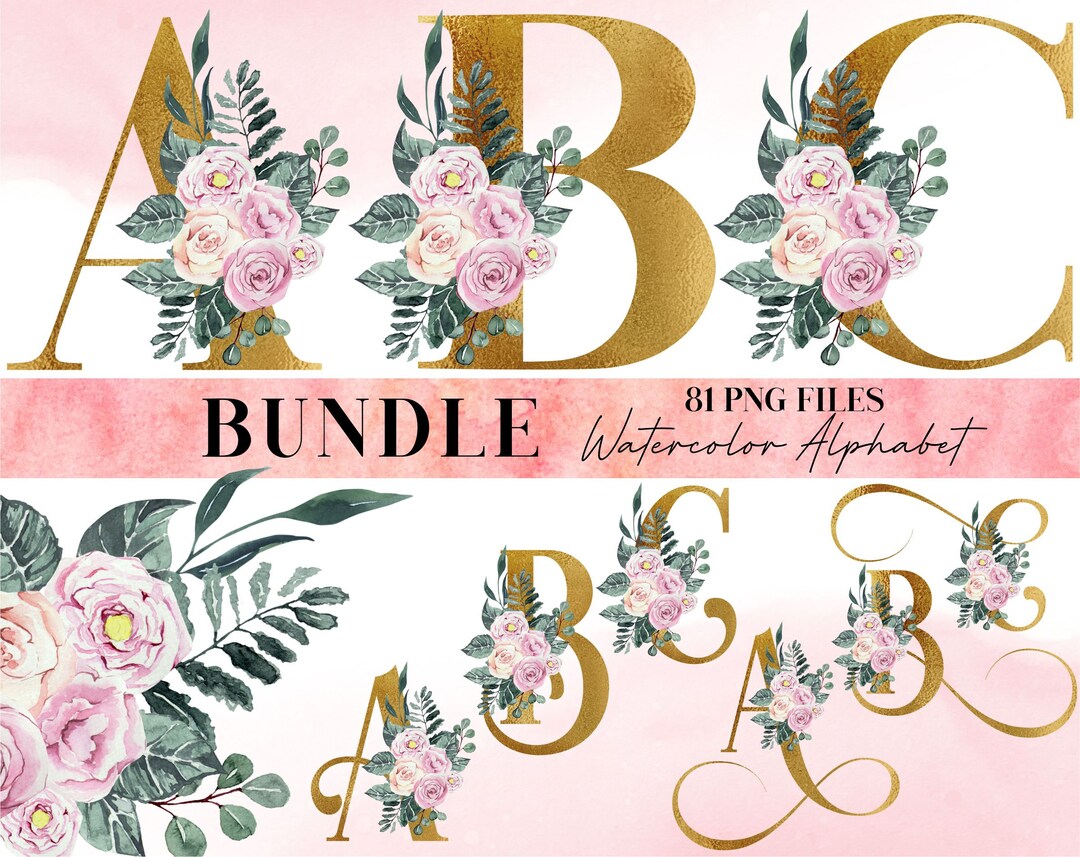 Bundle Watercolor Flowers Alphabet PNG, Gold Letters Alphabet ...