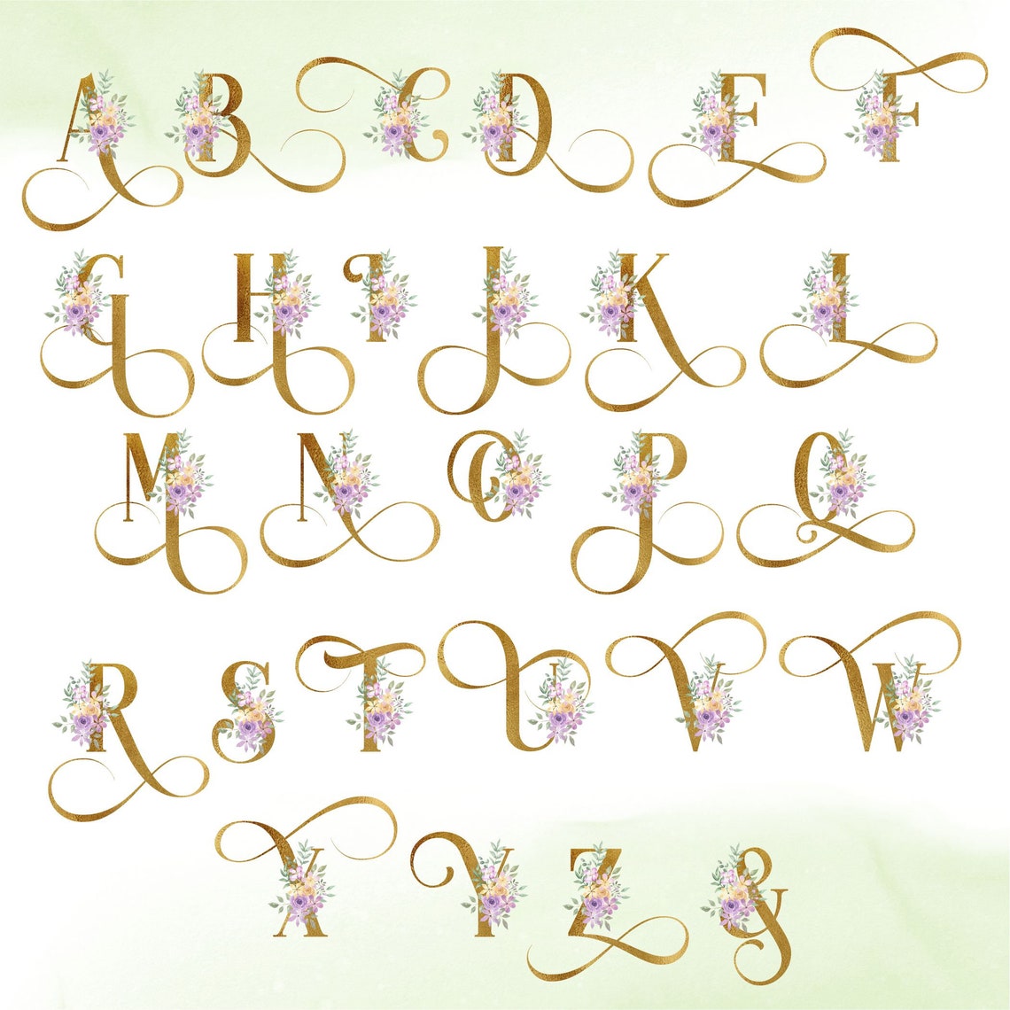 Bundle Watercolor Flowers Alphabet PNG Gold Letters Alphabet - Etsy