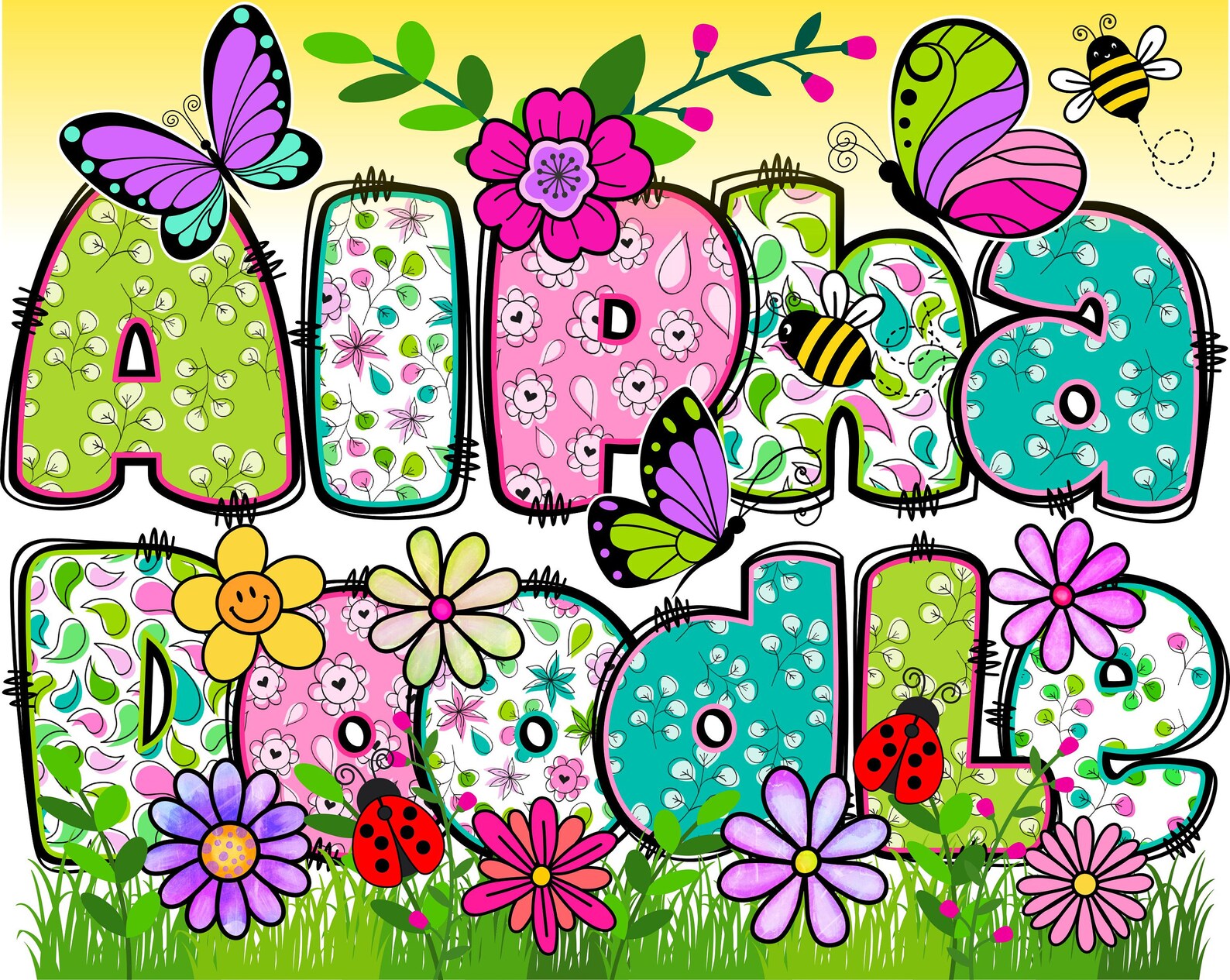 BUNDLE Spring Floral Alphabet PNG, Chubby Alpha Doodle, Doodle Flowers ...