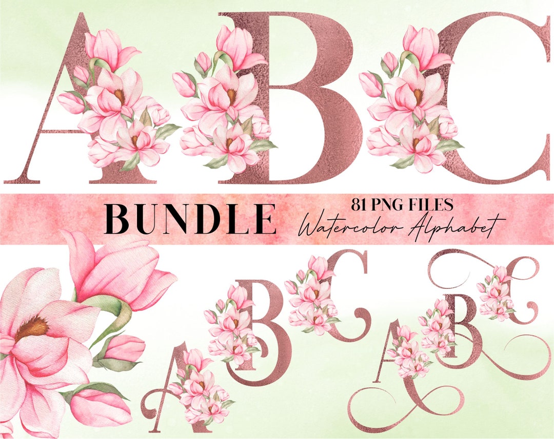Bundle Watercolor Flowers Alphabet PNG, Rose Gold Letters Alphabet ...