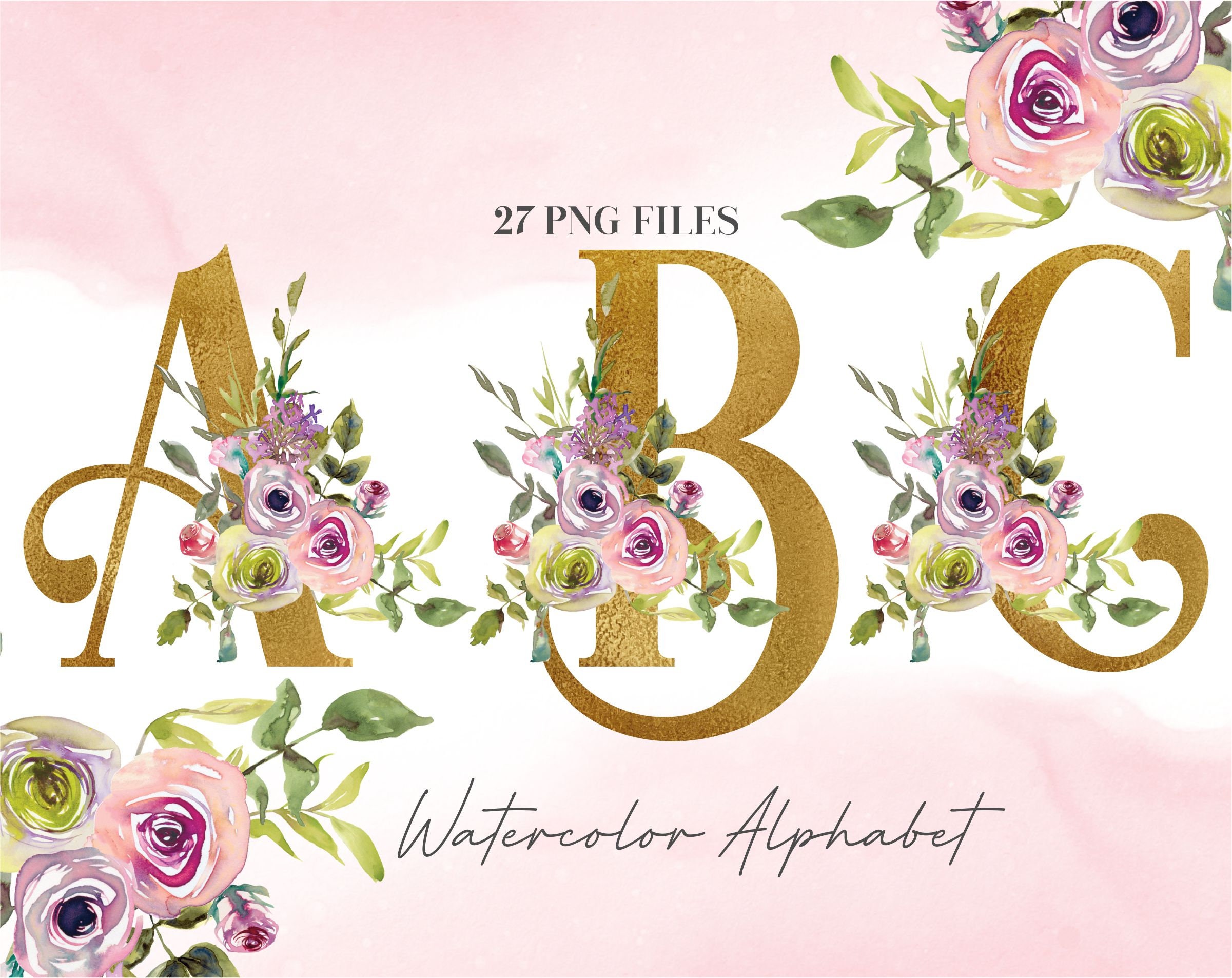 Bundle Watercolor Flowers Alphabet PNG Gold Pink Floral - Etsy
