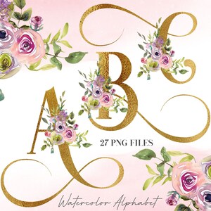 Bundle Watercolor Flowers Alphabet PNG, Gold Pink Floral Alphabet ...