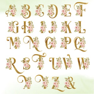 Watercolor Flowers Alphabet PNG, Gold Soft Pink Floral Alphabet Clip ...