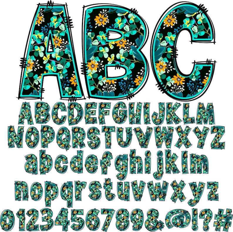 BUNDLE Spring Floral Alphabet PNG, Doodle Alpha, Doodle Flowers, Doodle ...