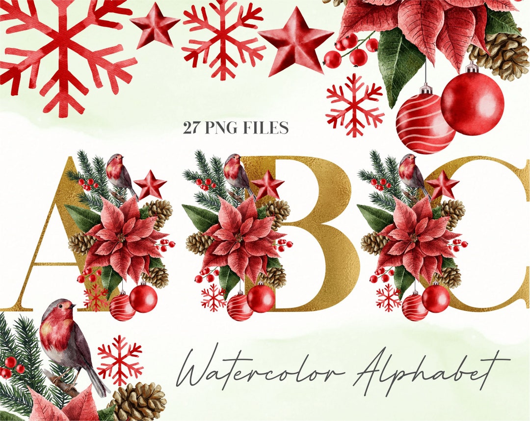 Christmas Watercolor Flowers Alphabet PNG, Gold Red Bird Floral ...