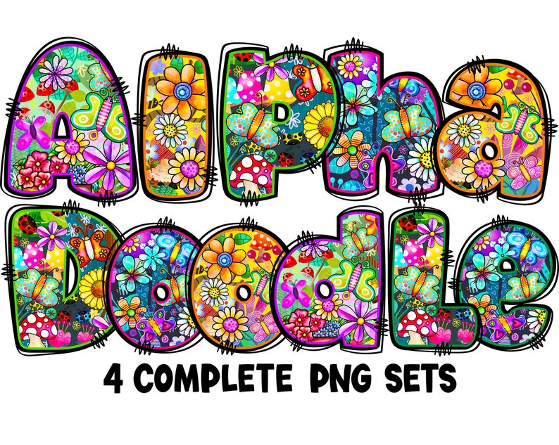 BUNDLE Spring Floral Alphabet PNG, Chubby Alpha Doodle, Doodle Flowers ...