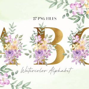 Watercolor Flowers Alphabet PNG, Gold Lilac Floral Alphabet ...