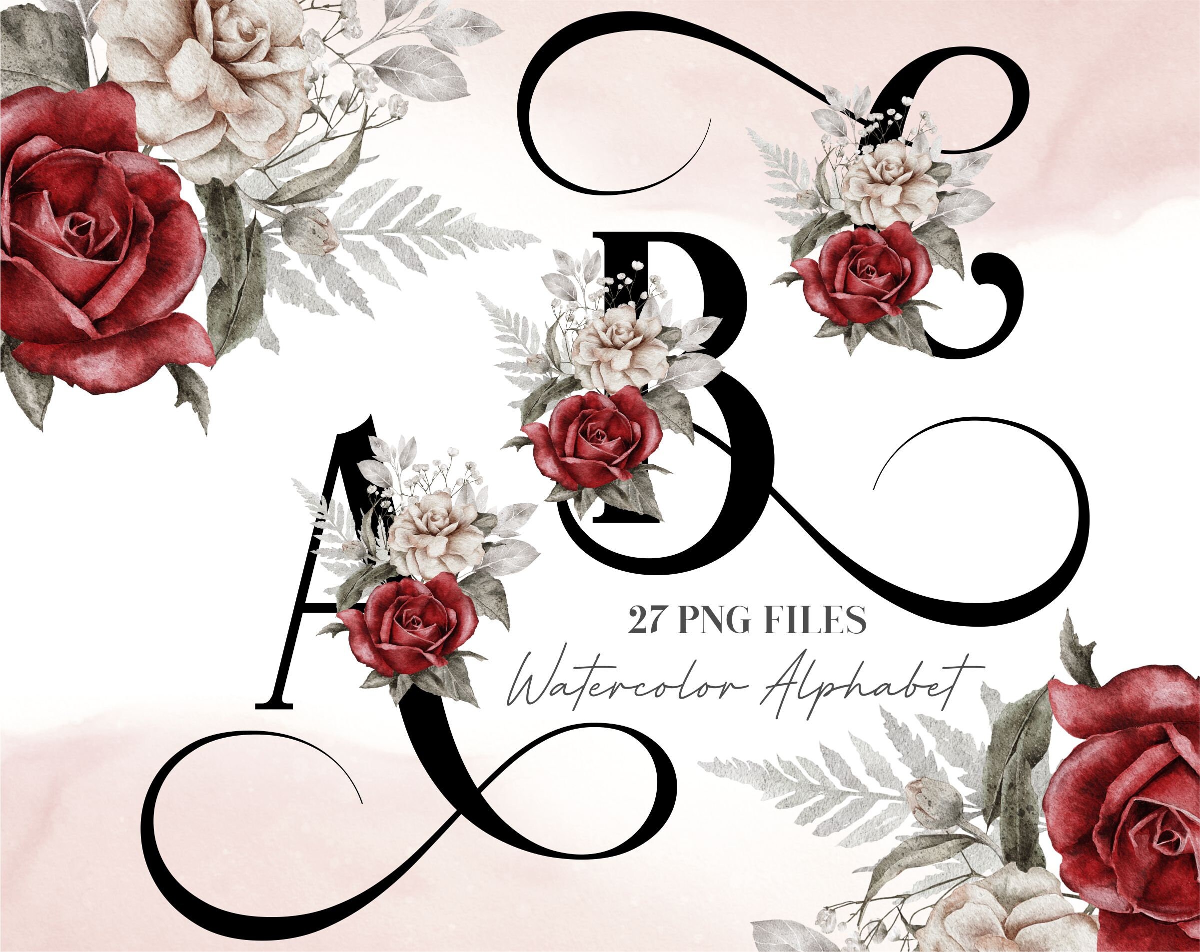 Bundle Watercolor Flowers Alphabet PNG Black Letters Alphabet - Etsy