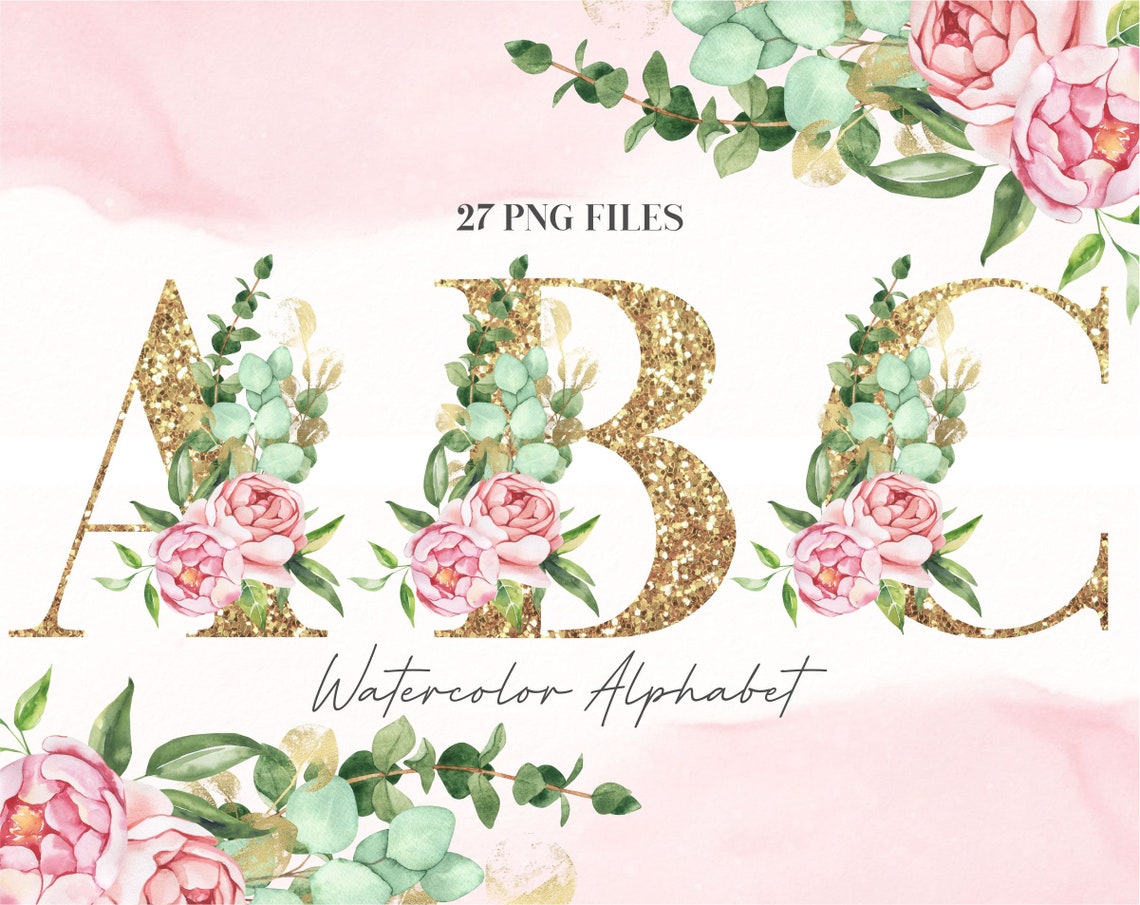 Watercolor Flowers Alphabet PNG, Gold Soft Pink Floral, Transparent PNG ...